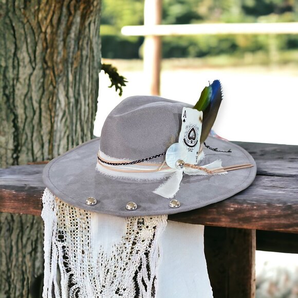 Accessories | Gray Suede Wide Brim Dented Crown Feathers Western ...